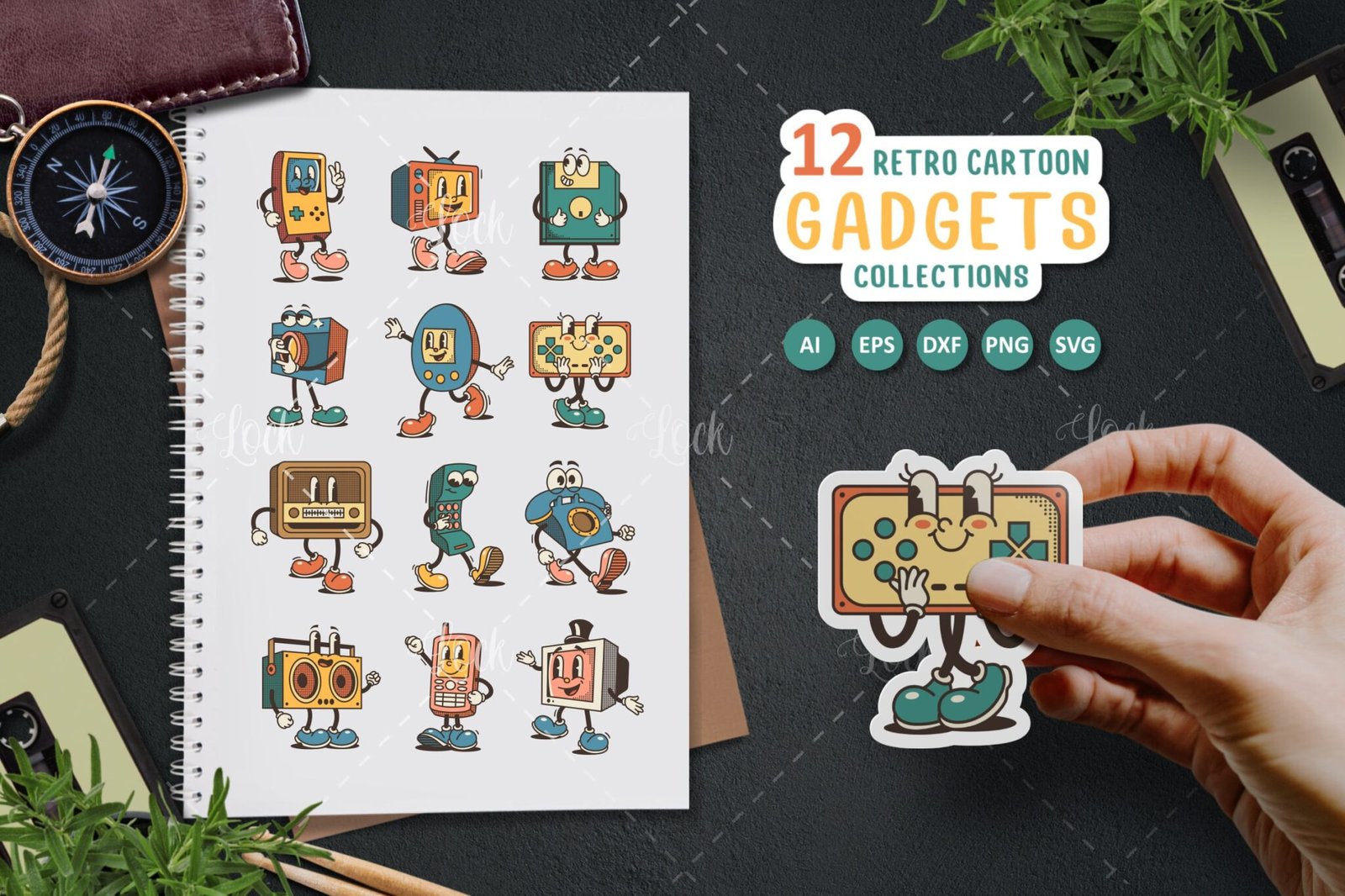 Hand Drawn Retro Cartoon Gadgets Collection
