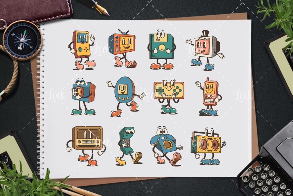 Hand Drawn Retro Cartoon Gadgets Collection