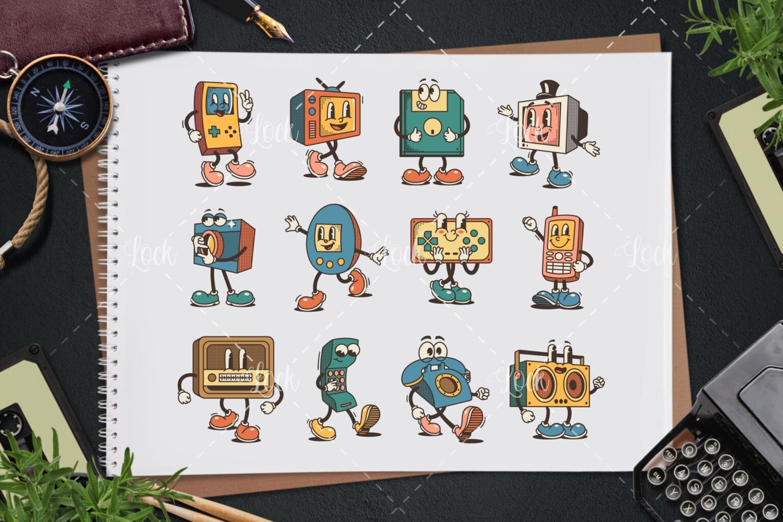 Hand Drawn Retro Cartoon Gadgets Collection